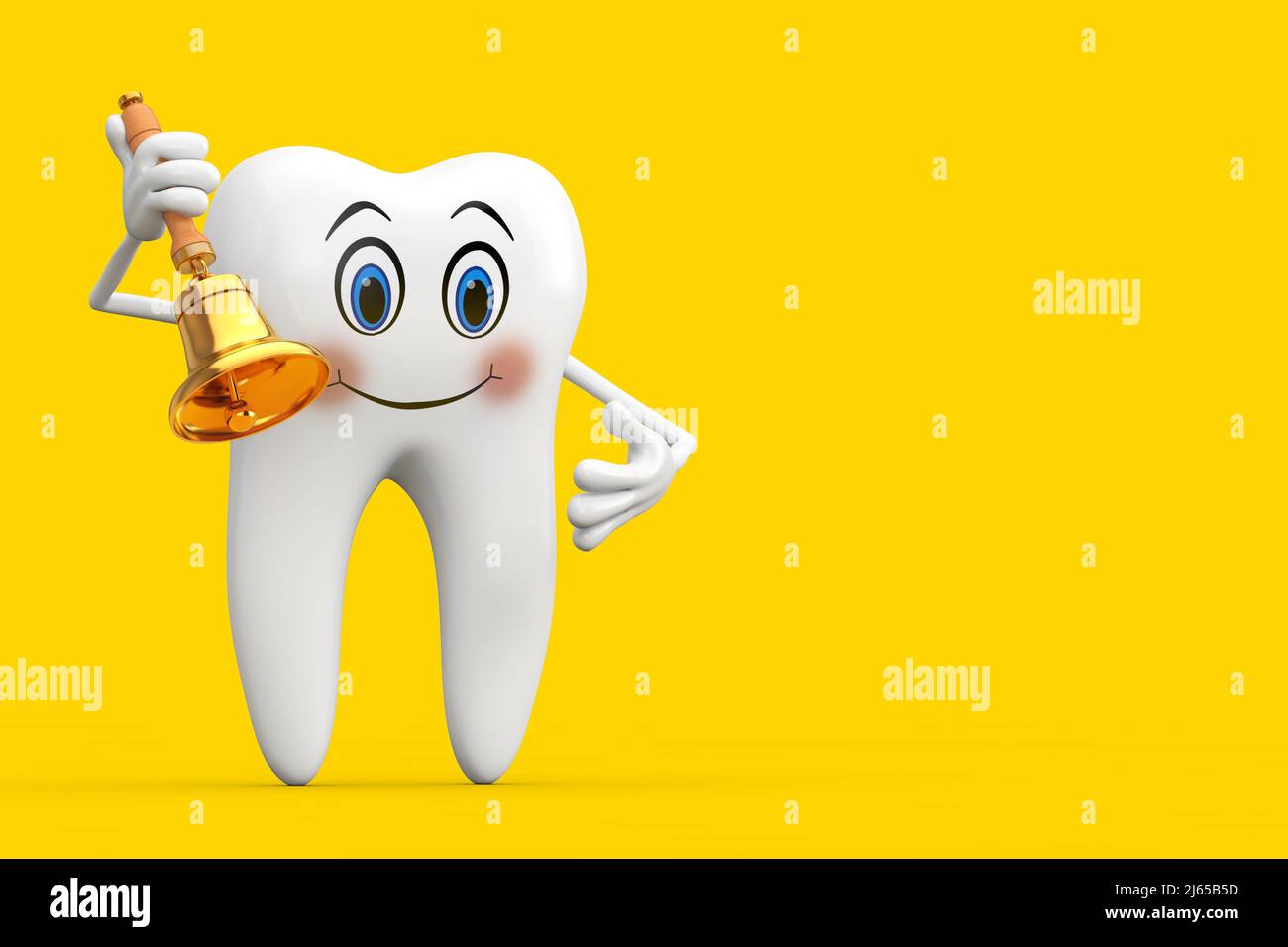 White Tooth Person Character Mascot with Vintage Golden School Bell on ...