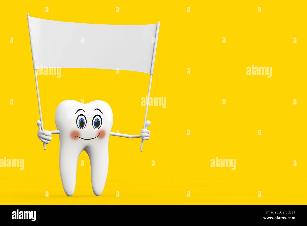 White Tooth Person Character Mascot and Empty White Blank Banner with ...