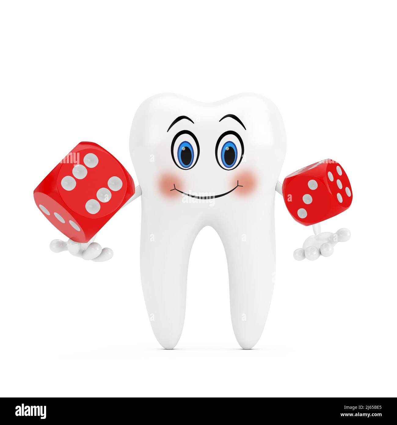 White Tooth Person Character Mascot with Red Game Dice Cubes in Flight ...