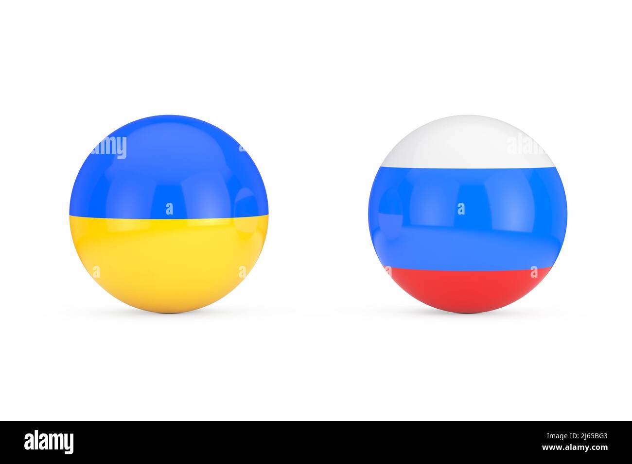 Simple Spheres with Russian And Ukraine Flags on a white background. 3d ...