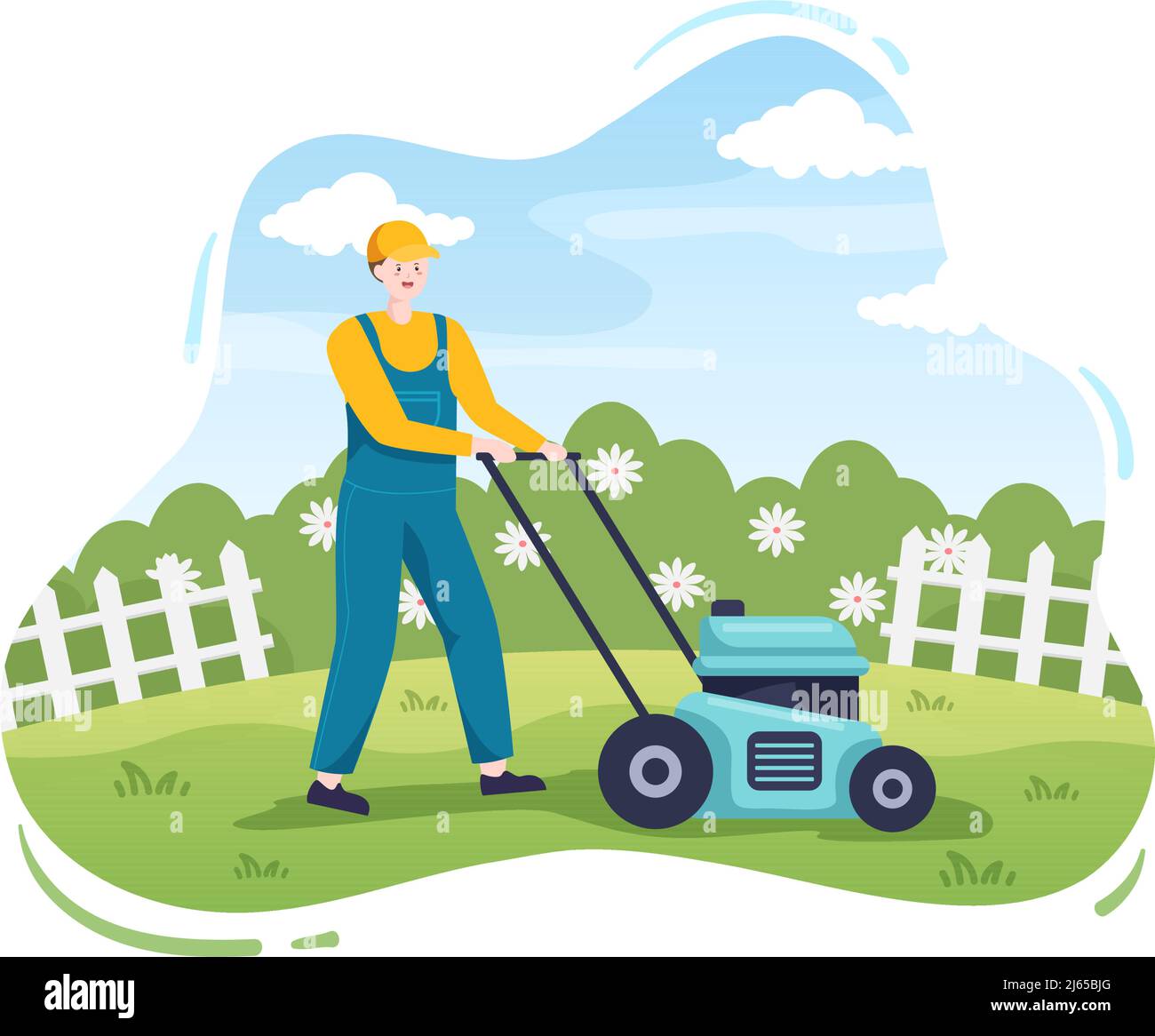 Lawn Mower Cutting Green Grass, Trimming and Care on Page or Garden in ...