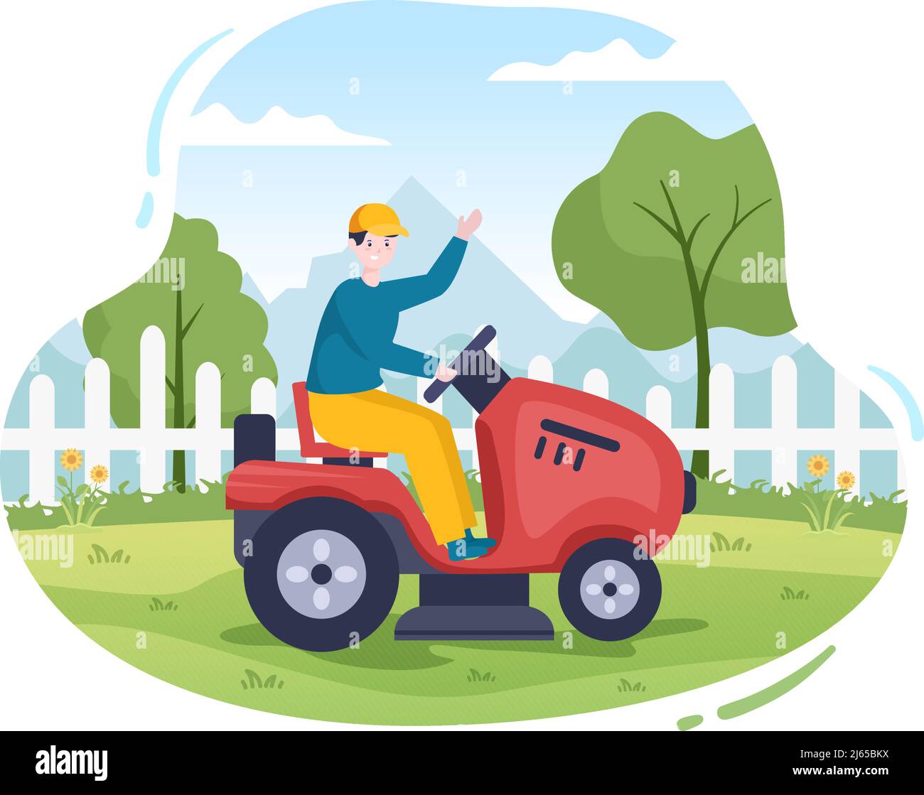 Lawn Mower Cutting Green Grass, Trimming and Care on Page or Garden in ...