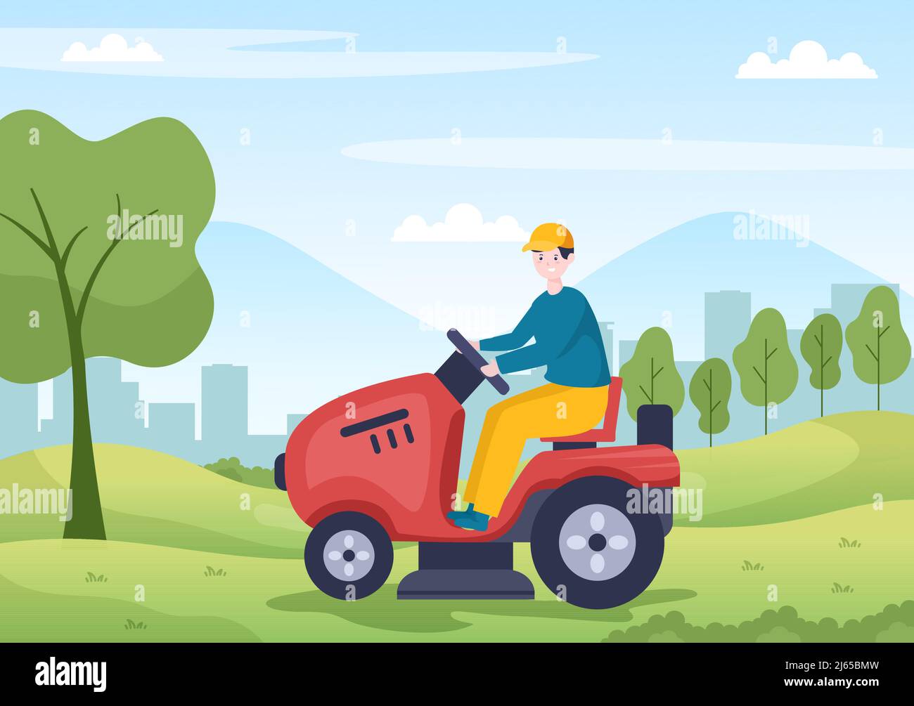 Lawn Mower Cutting Green Grass, Trimming and Care on Page or Garden in ...