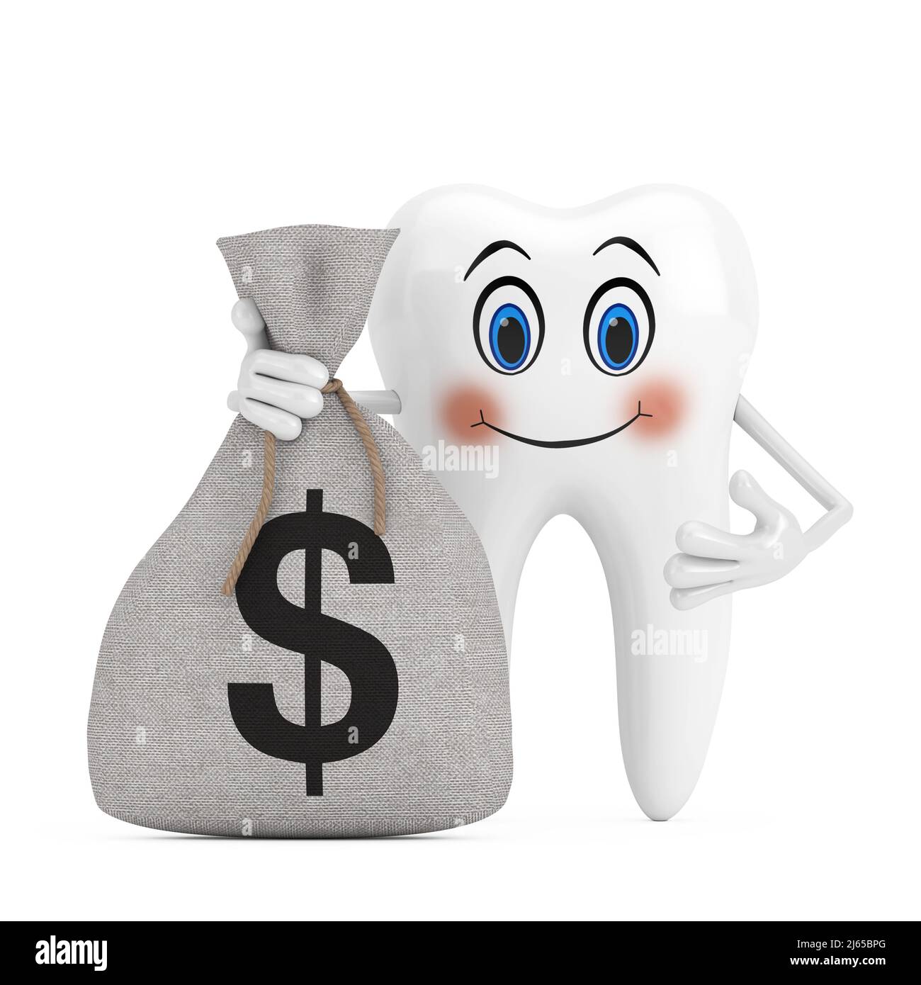 White Tooth Person Character Mascot and Tied Rustic Canvas Linen Money ...