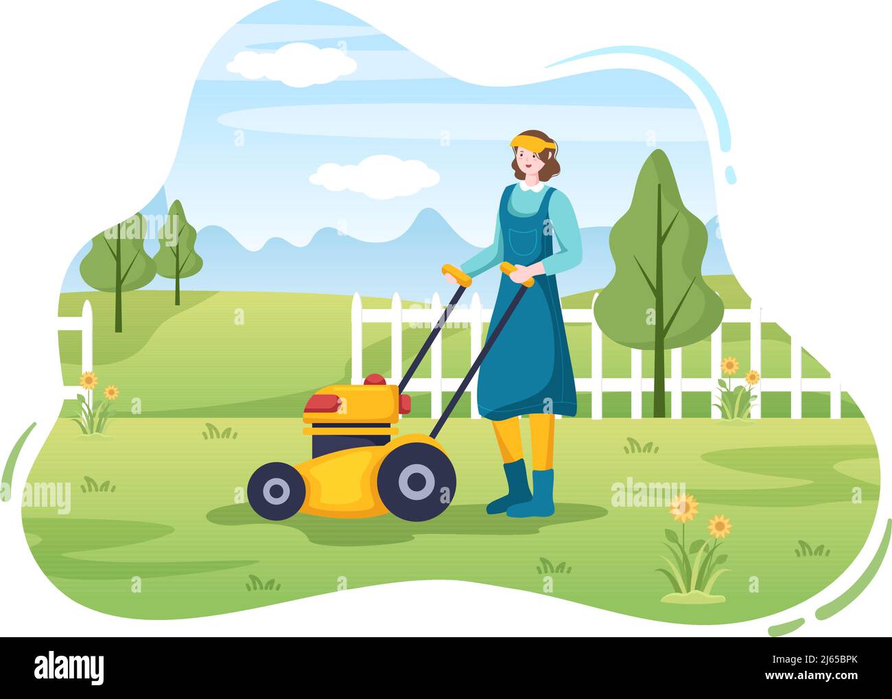 Lawn Mower Cutting Green Grass, Trimming and Care on Page or Garden in ...