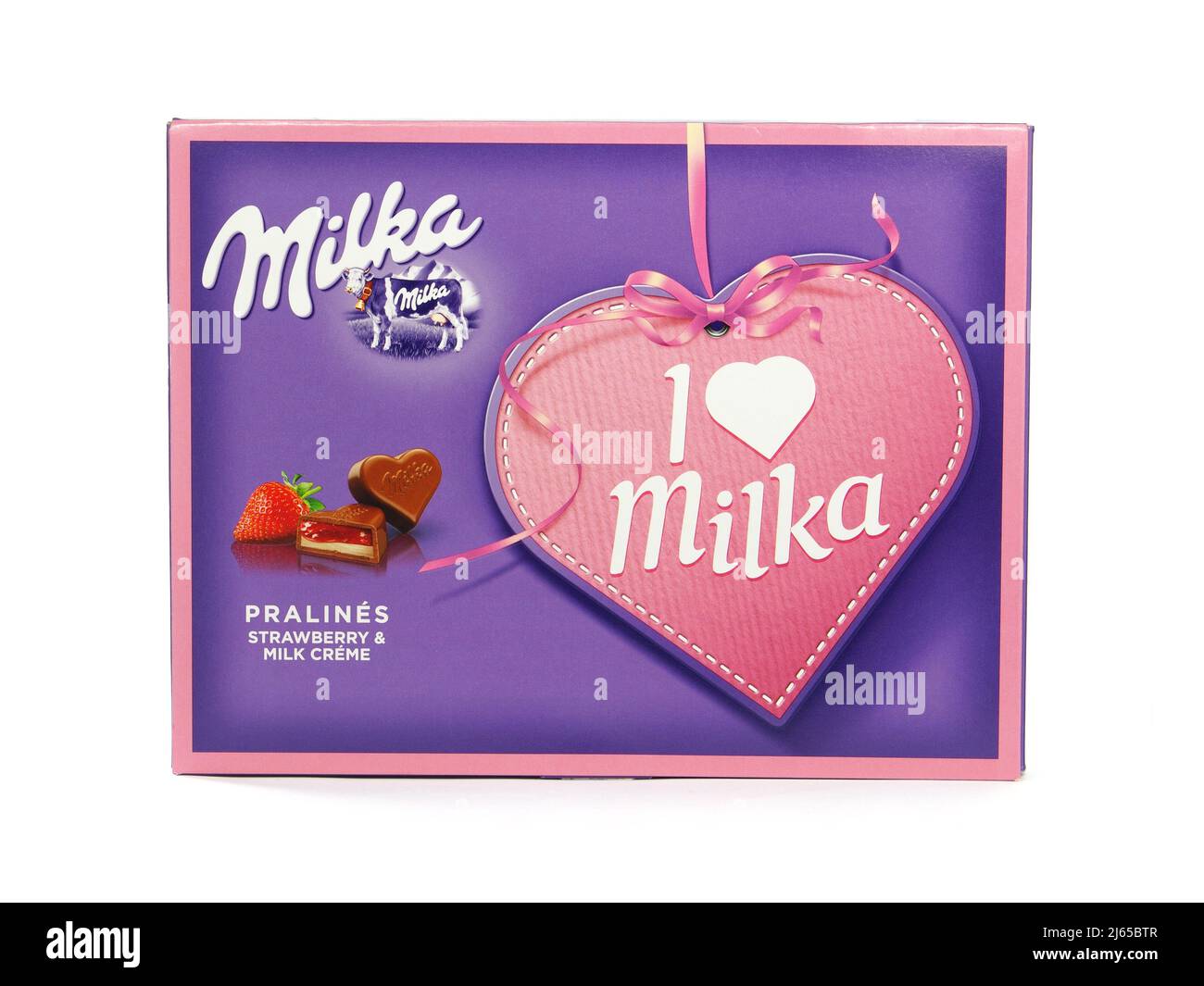 BUCHAREST, ROMANIA - JUly 1, 2019. Box of Milka pralines. These heart ...