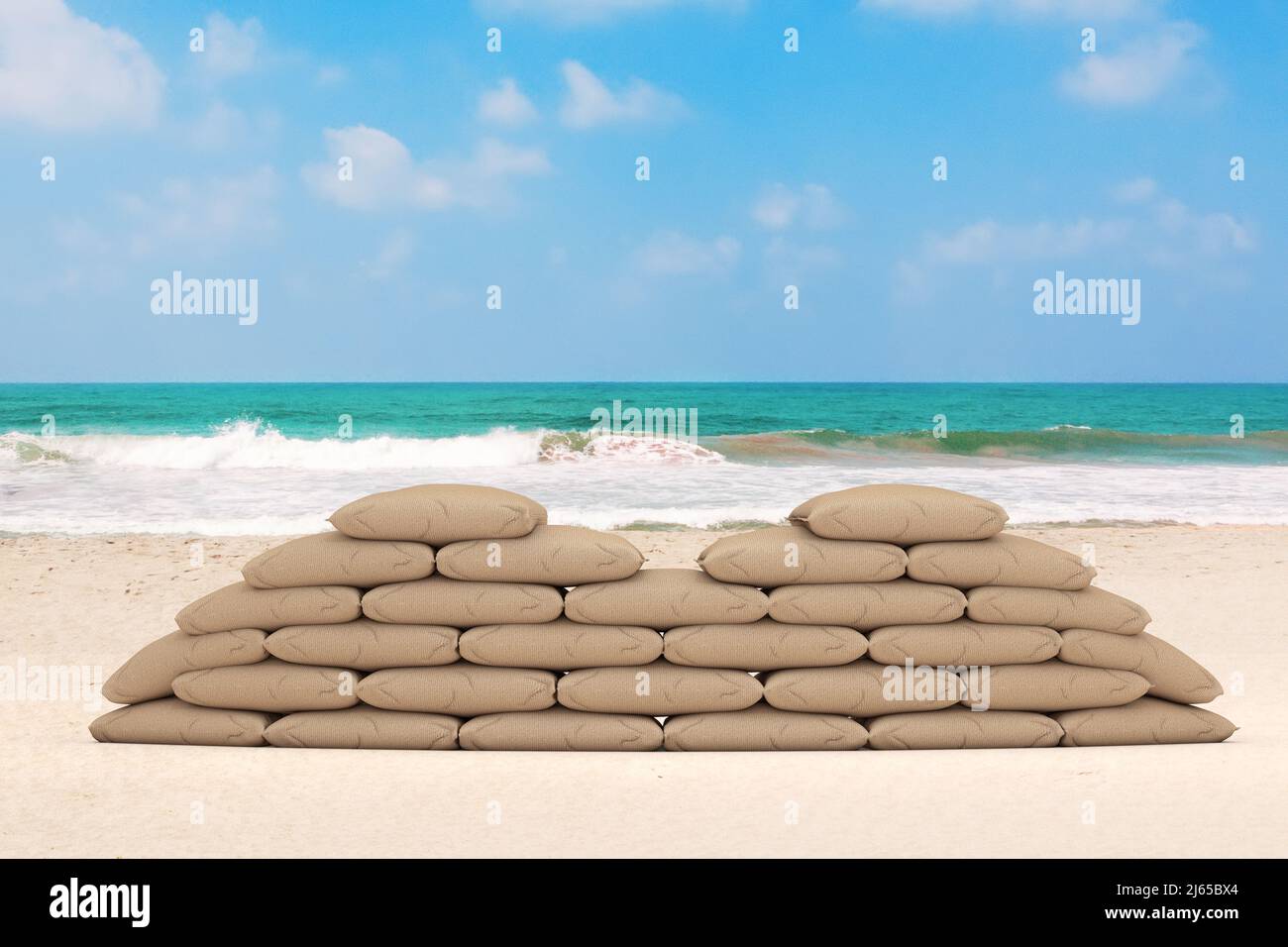 Stacked Sandbag Barricade Shield on an Ocean Sand Beach extreme closeup ...