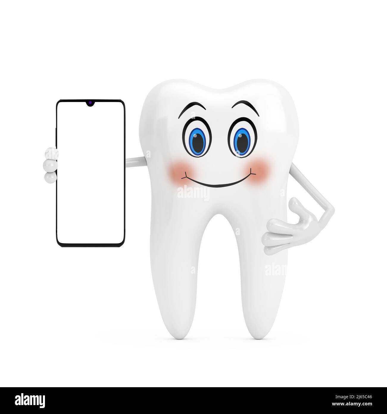 White Tooth Person Character Mascot and Modern Mobile Phone with Blank ...
