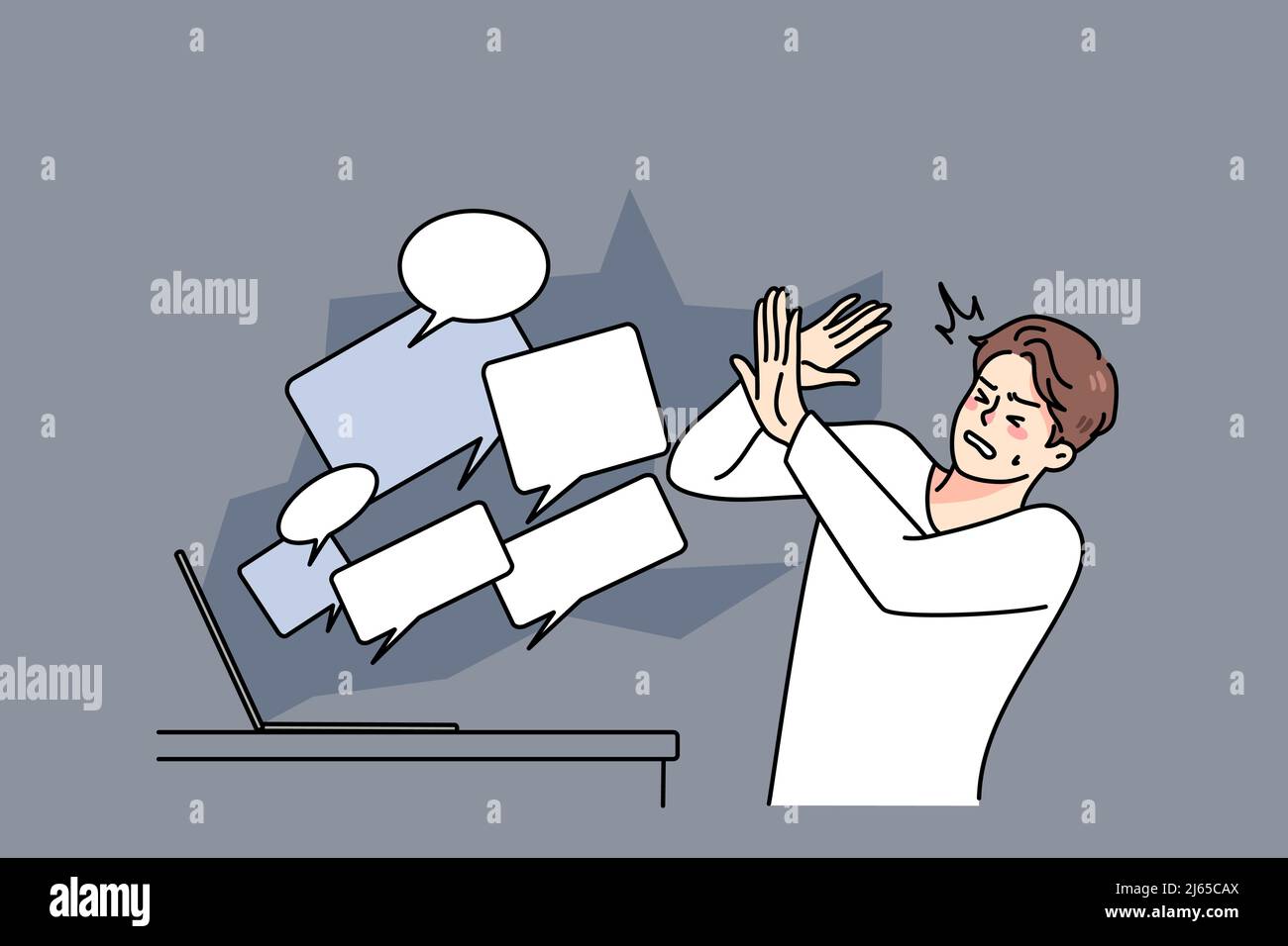 Stressed man overwhelmed with online negative comments and messages on ...