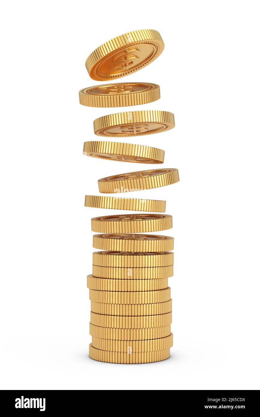 Golden Dollar Coins Falling Onto Stack on a white background. 3d ...