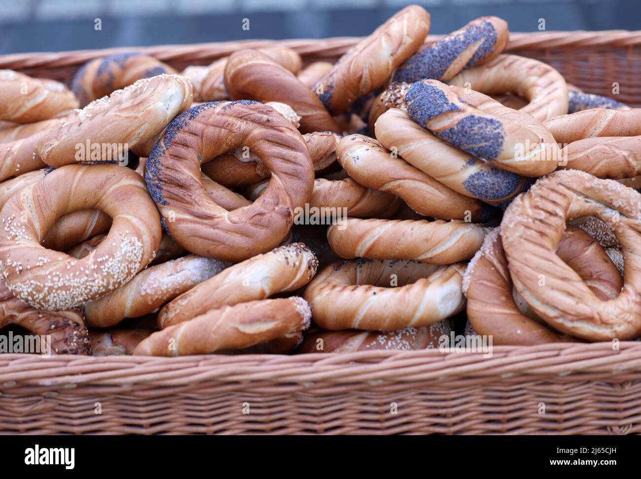 Traditional Cracovian prezels with salt, poppy and sesame seeds Stock ...