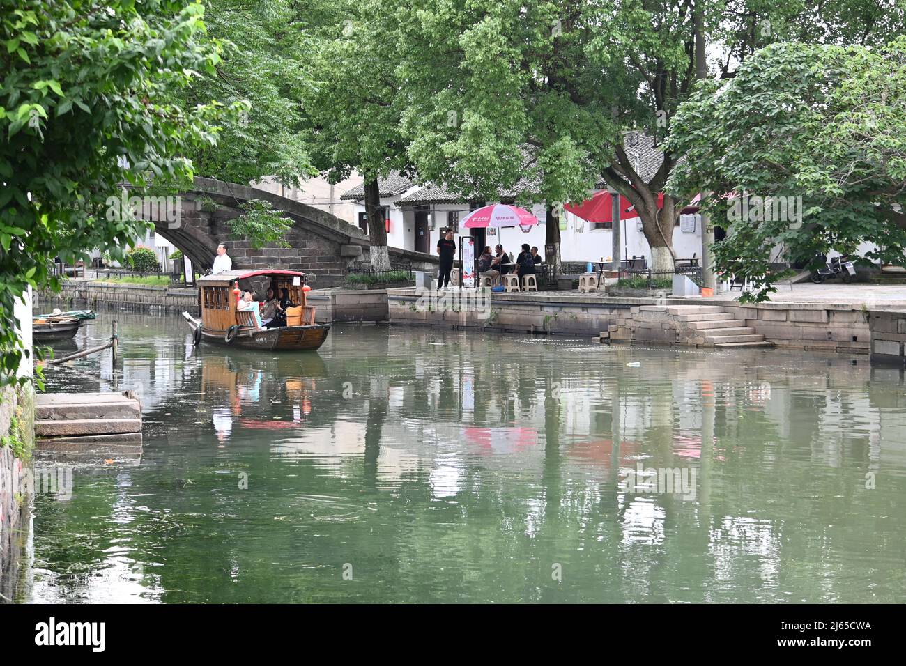 Houses and boats along the canals of the ancient Jinze town Stock Photo ...