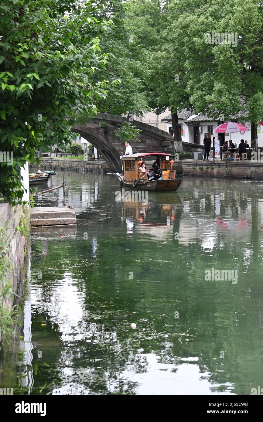 Houses and boats along the canals of the ancient Jinze town Stock Photo ...