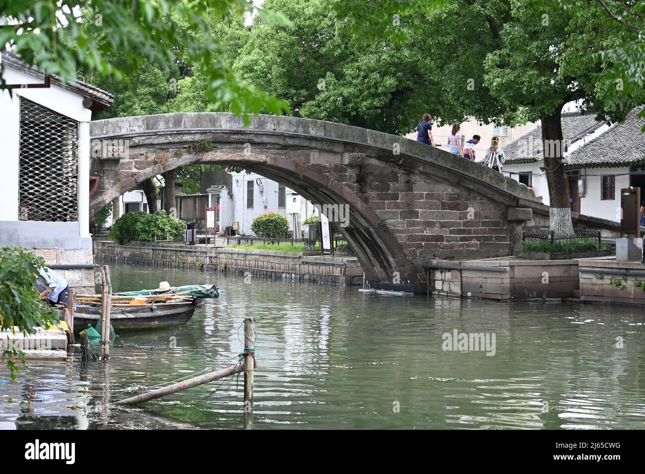 Houses and boats along the canals of the ancient Jinze town Stock Photo ...