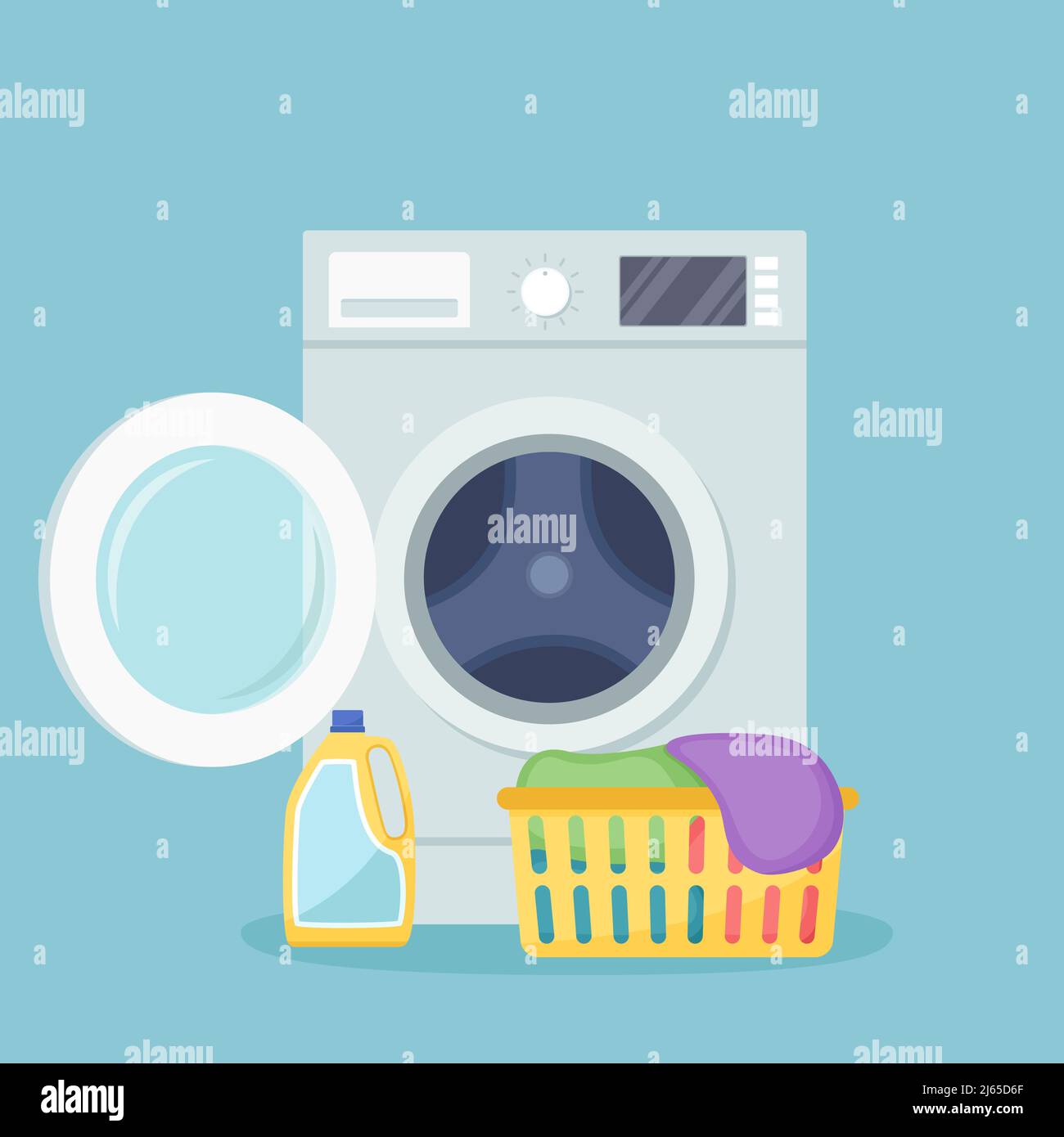 Washing machine with open door, basket with dirty linen, detergent ...