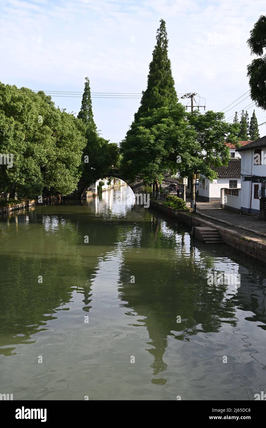 Houses and boats along the canals of the ancient Jinze town Stock Photo ...