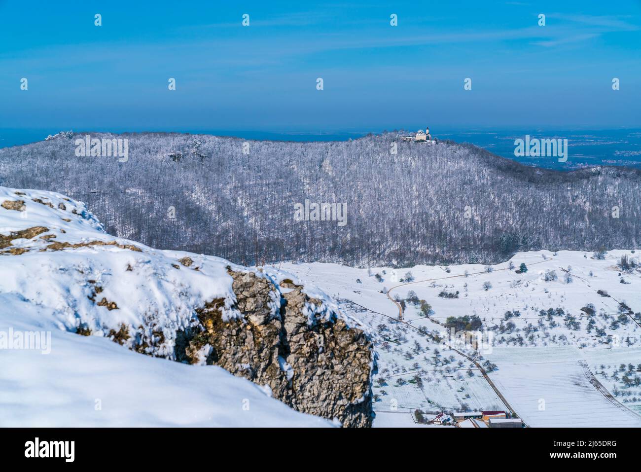 Germany, Swabian alb aerial panorama view above old castle teck ruins ...