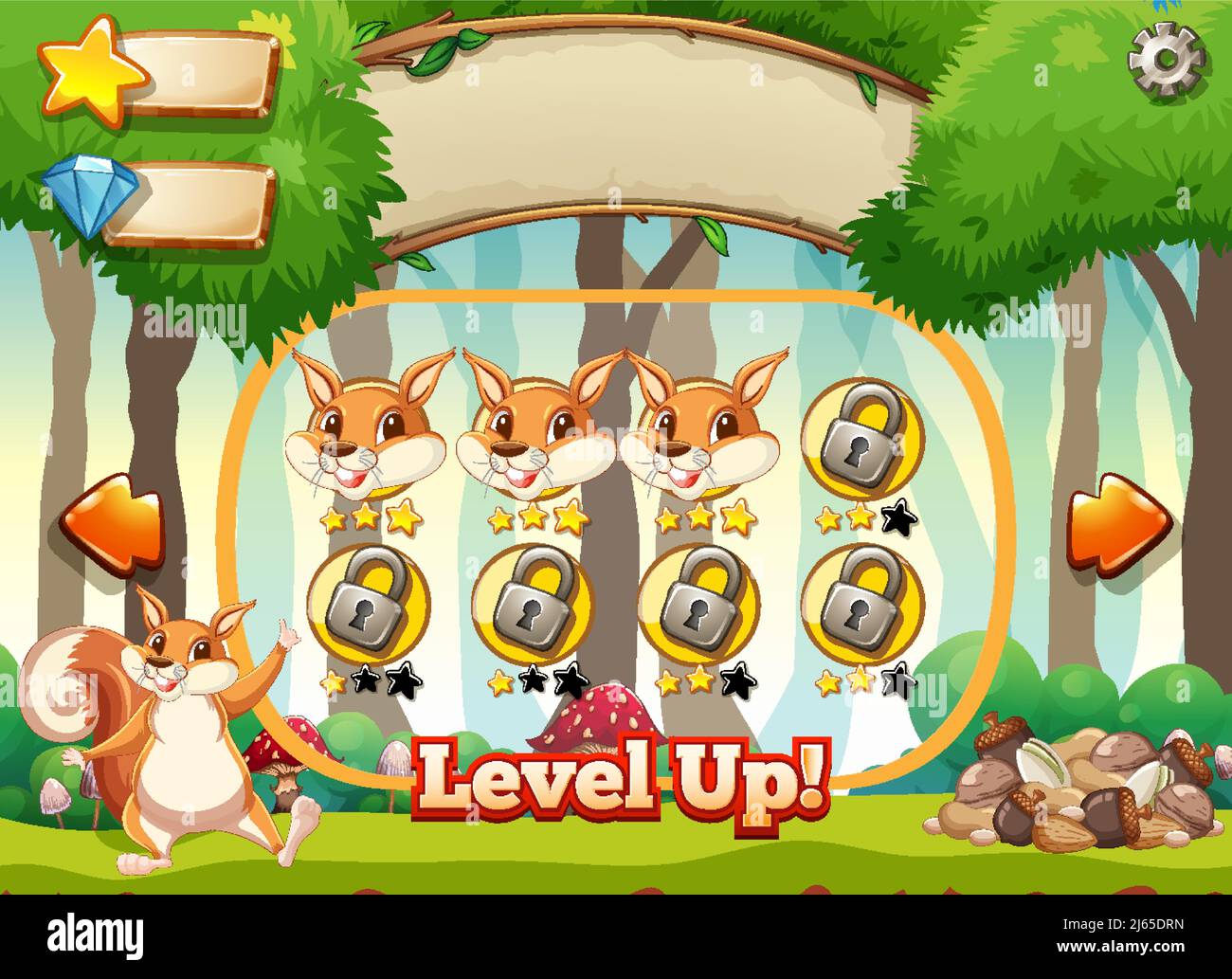 Game design with squirrels in forest background illustration Stock ...