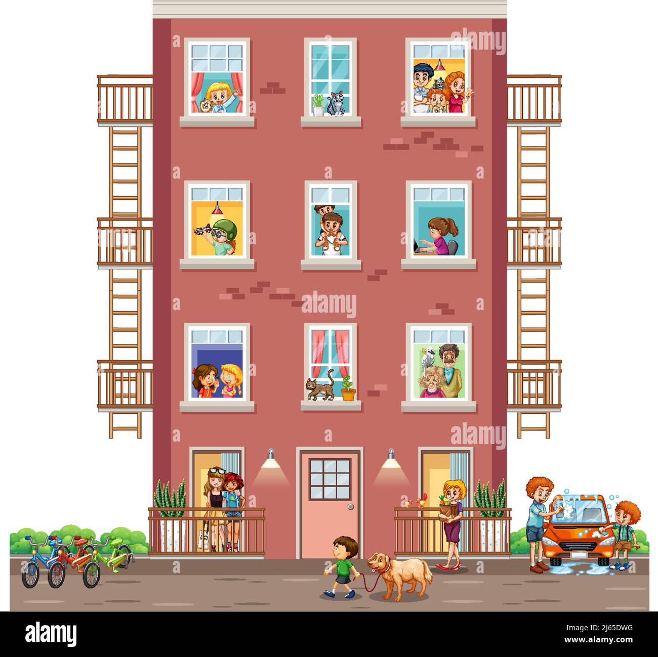 Apartment windows with neighbors cartoon character illustration Stock ...