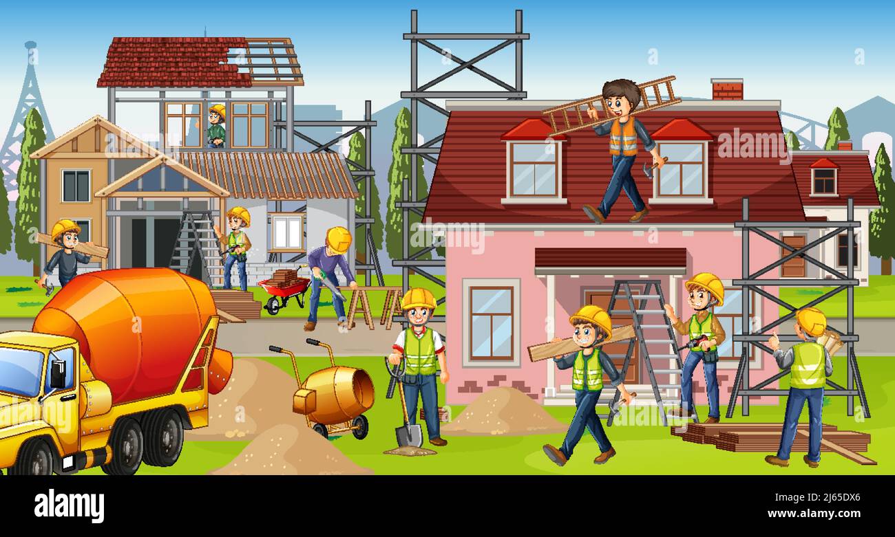 Construction site with workers illustration Stock Vector Image & Art ...