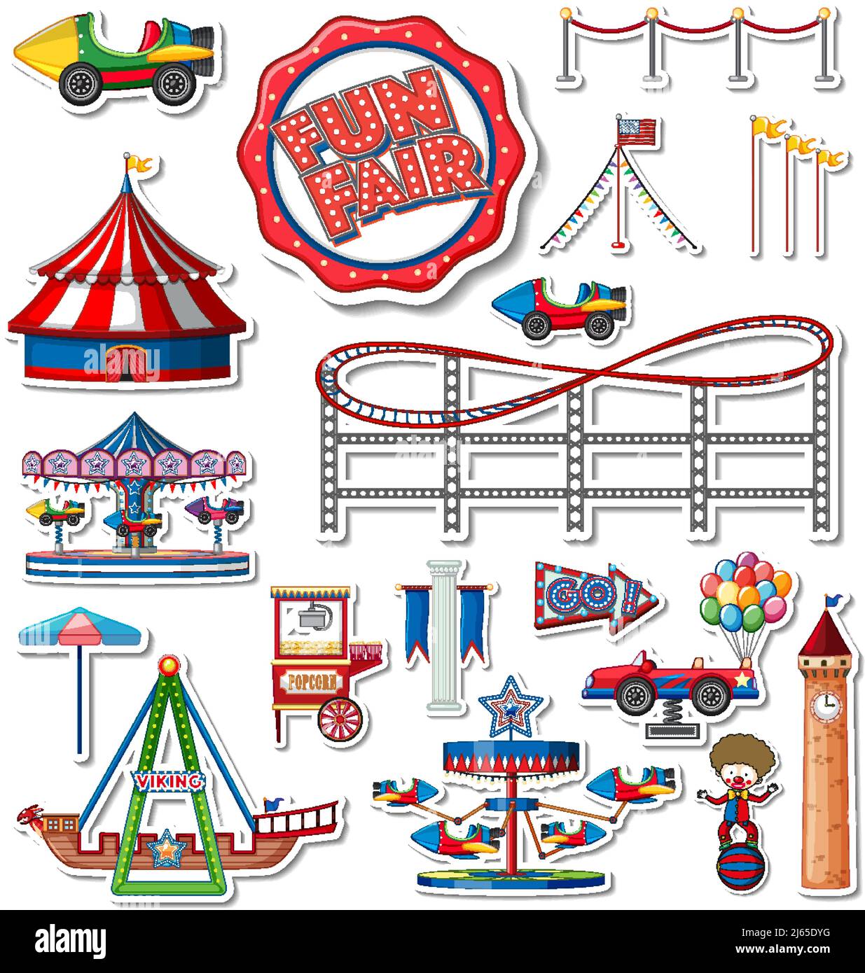 Sticker set of amusement park objects and cartoon characters ...