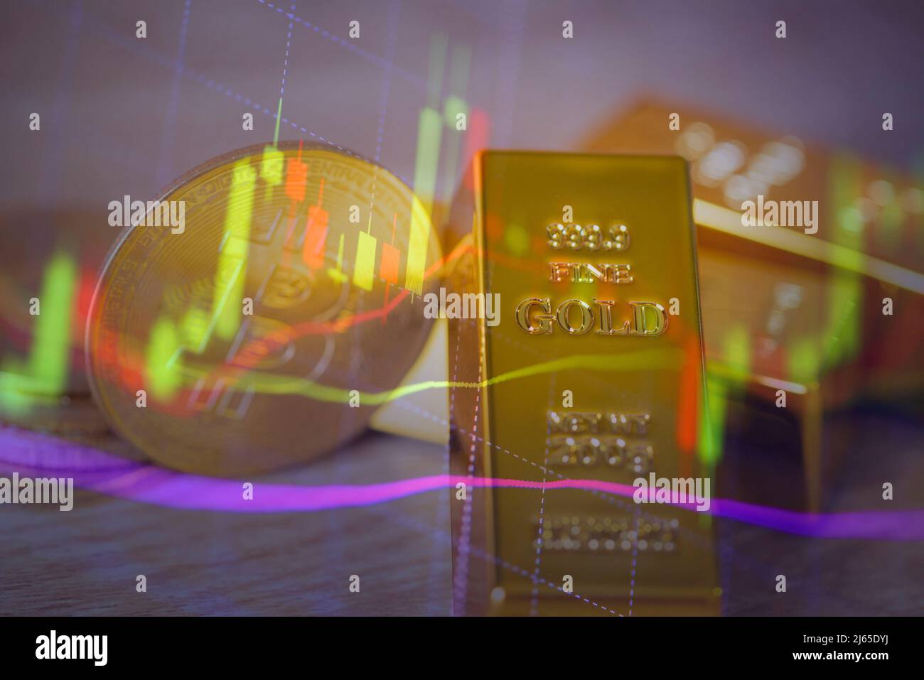 Bitcoin and Gold trading, gold bars on fabric with stock graph chart ...