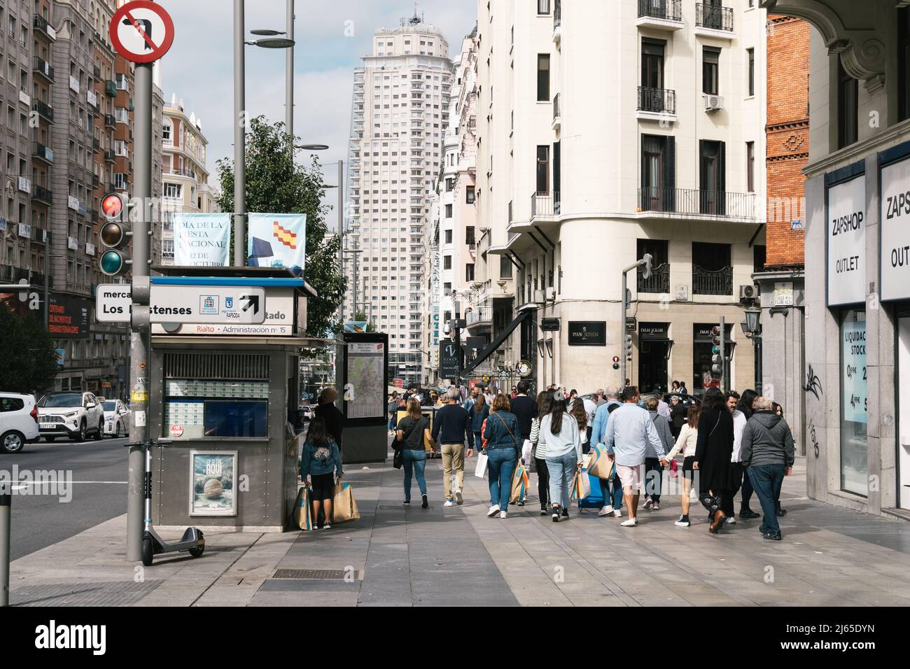 Madrid, Spain - October 10, 2021: Street scene in Gran Via. It is one ...