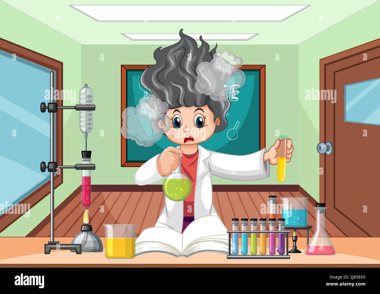 Classroom scene with scientist doing experiment illustration Stock ...