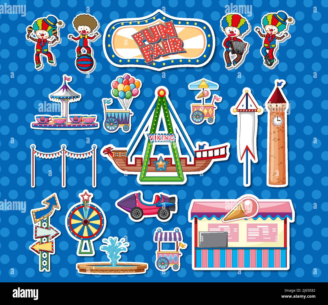 Sticker set of amusement park objects and cartoon characters ...