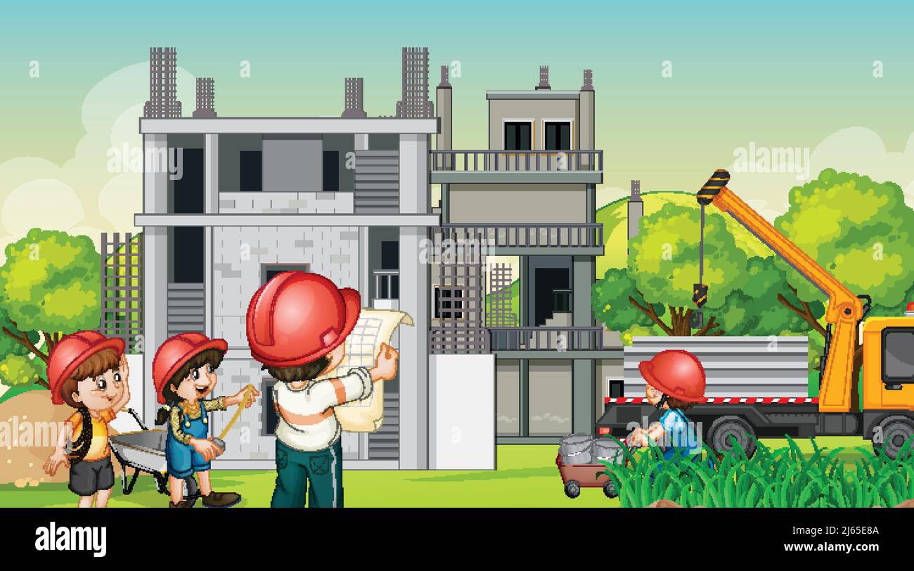 Building house construction site and workers illustration Stock Vector ...