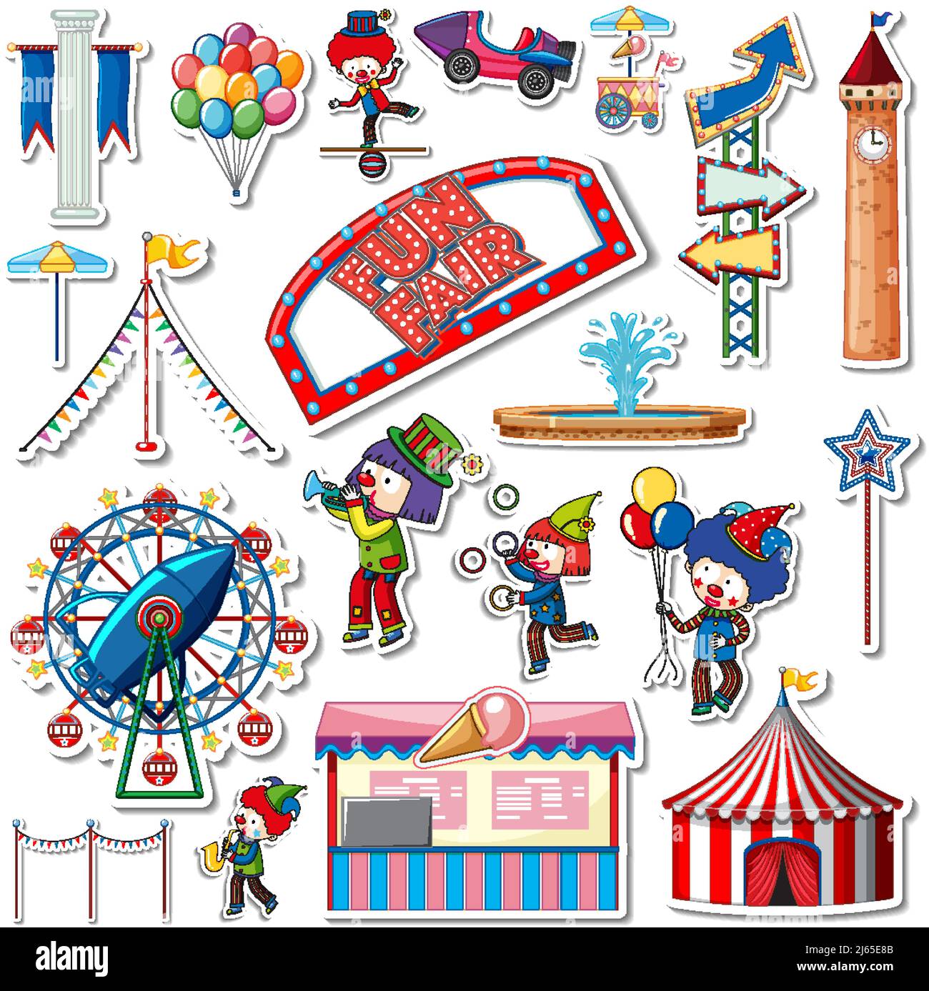 Sticker set of amusement park objects and cartoon characters ...