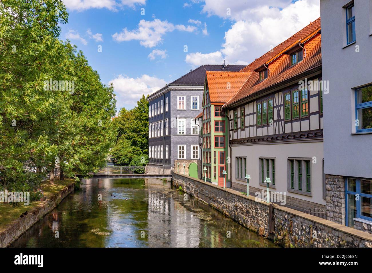 old historic houses at idyllic river Gera in Erfurt, Germany Stock ...