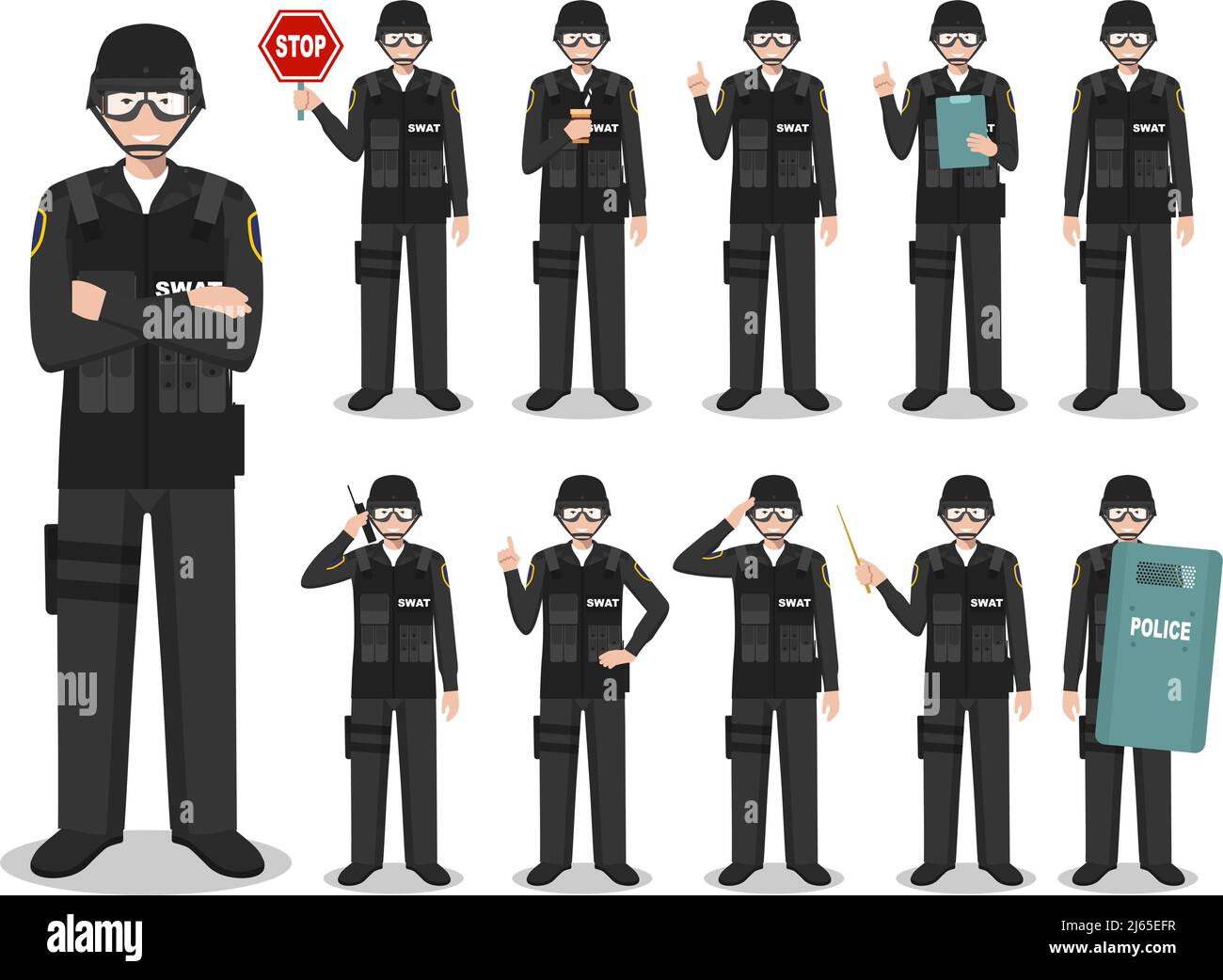 Set of different detailed illustration of american SWAT officer ...
