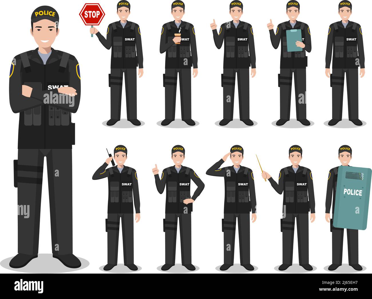 Set of different detailed illustration of american SWAT officer ...