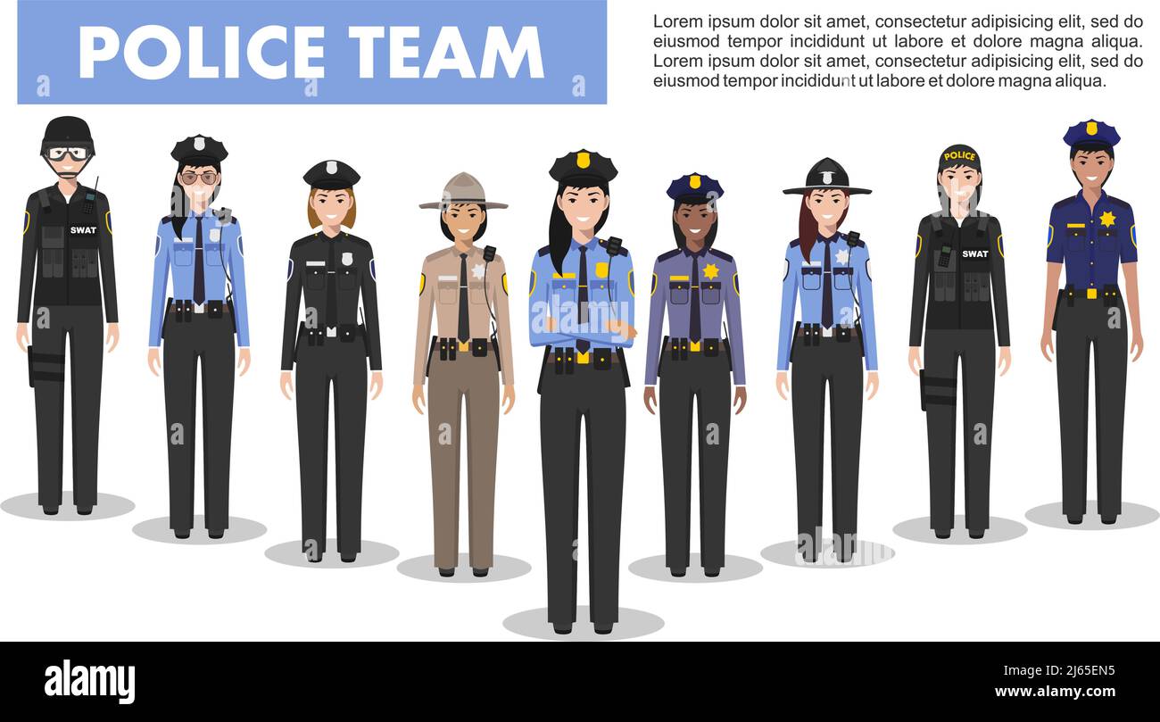 Police team. Detailed illustration of police people in flat style on ...