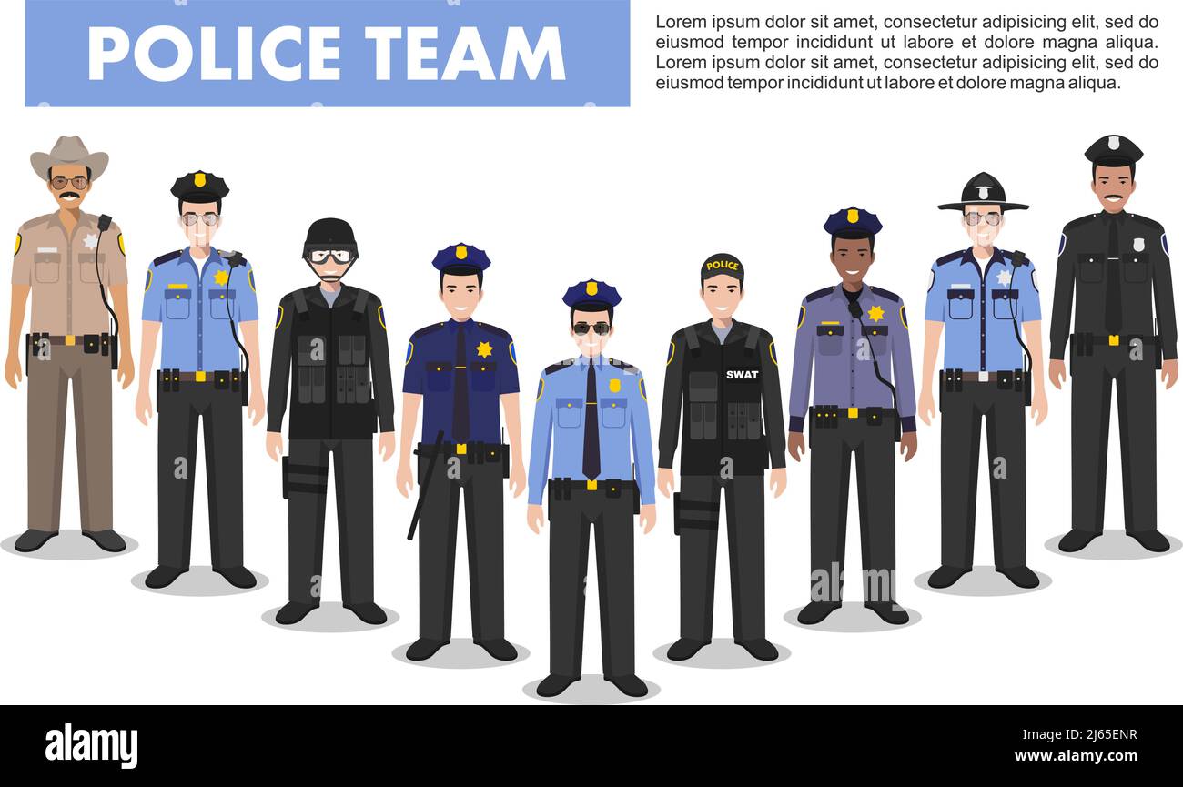 Police team. Detailed illustration of police people in flat style on ...