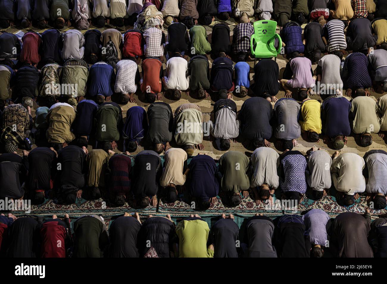 Idlib, Syria. 27th Apr, 2022. Syrian Muslims pray at a Mosque to mark ...