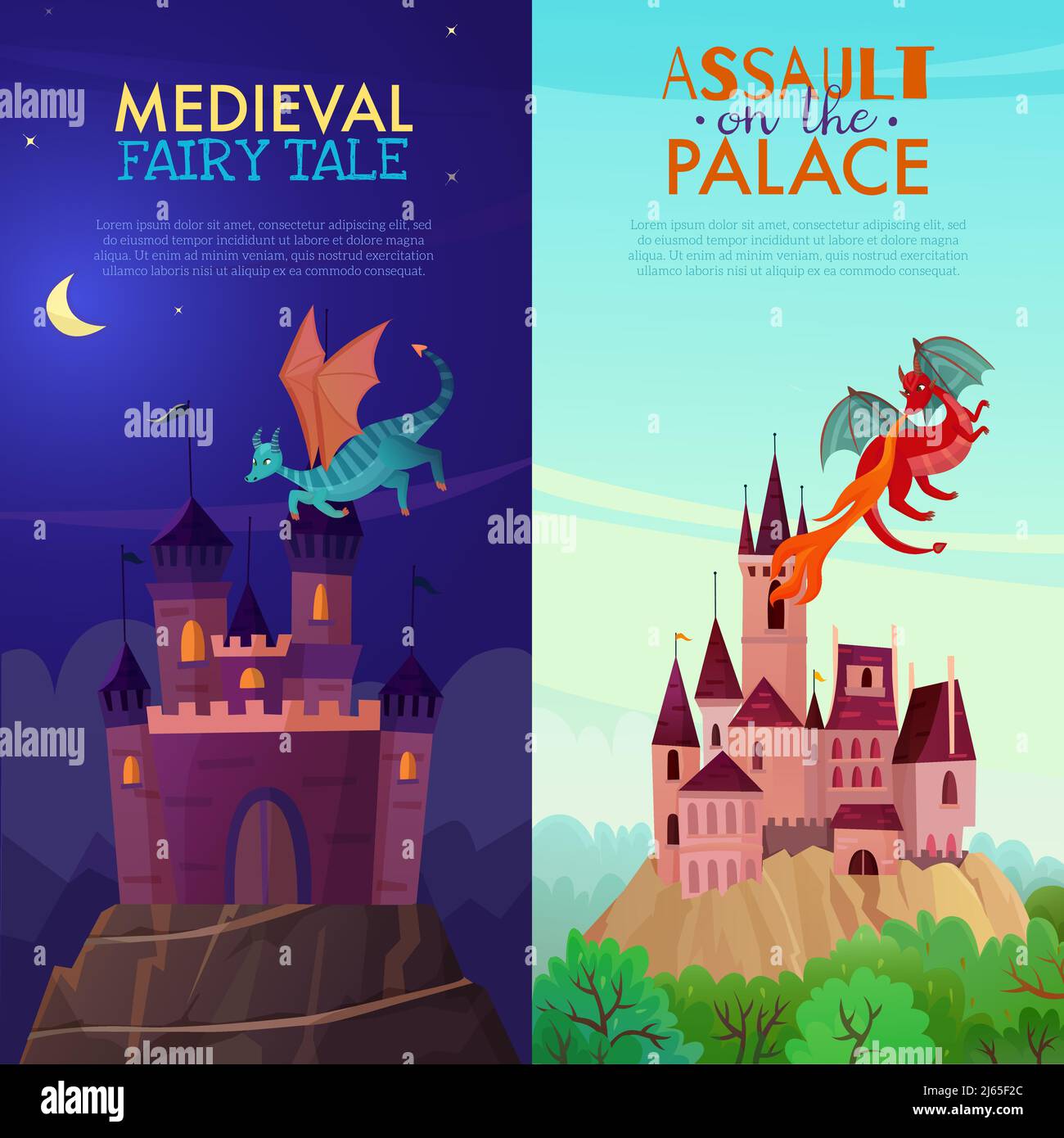 Set of two vertical fairy dragons banners with cartoon style images of ...