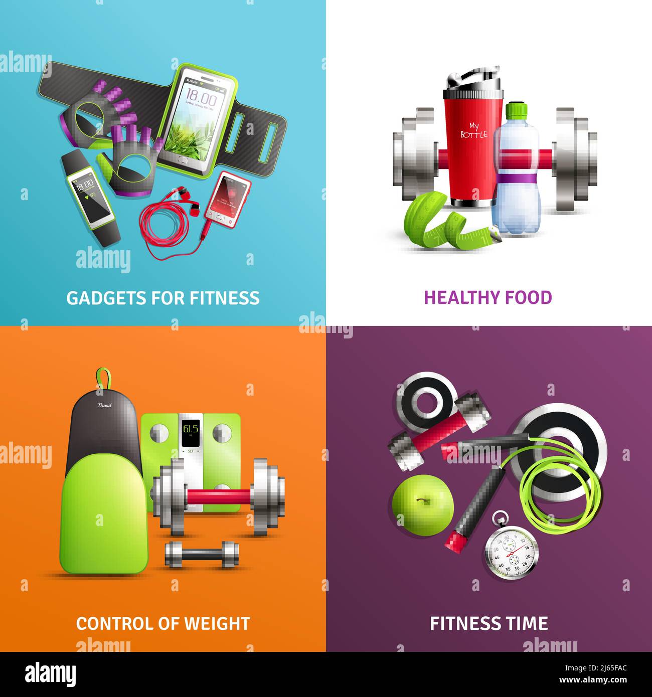 Fitness gym concept icons set with control of weight symbols realistic ...