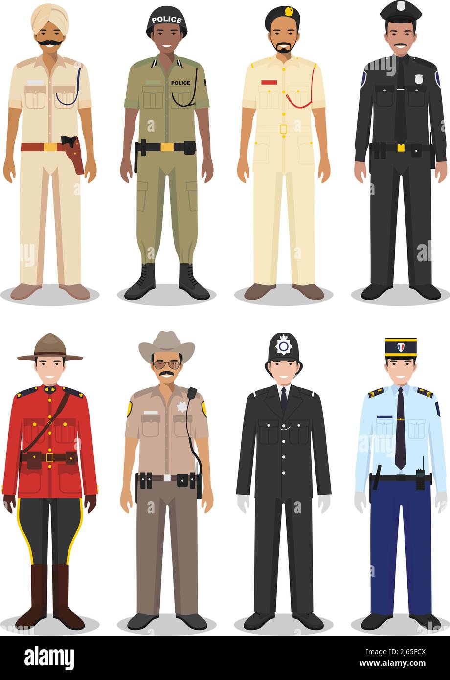 Detailed illustrations of police different countries in a flat style on ...