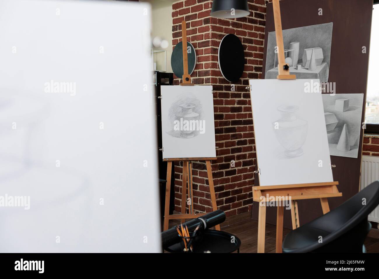 Empty drawing educational classroom equipped with professional ...