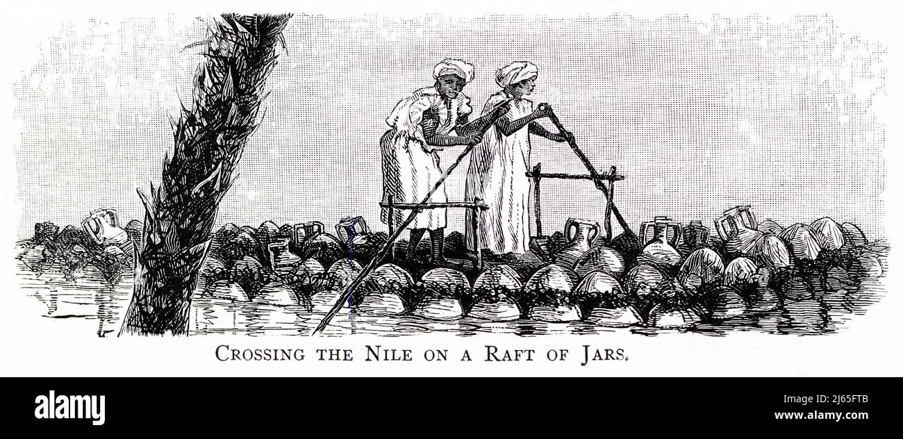 Engraving of two men propelling a raft made of jars across the Nile ...