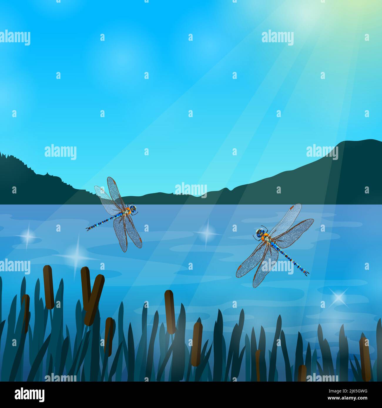 Two dragonflies flying over water in sun rays with mountains on ...
