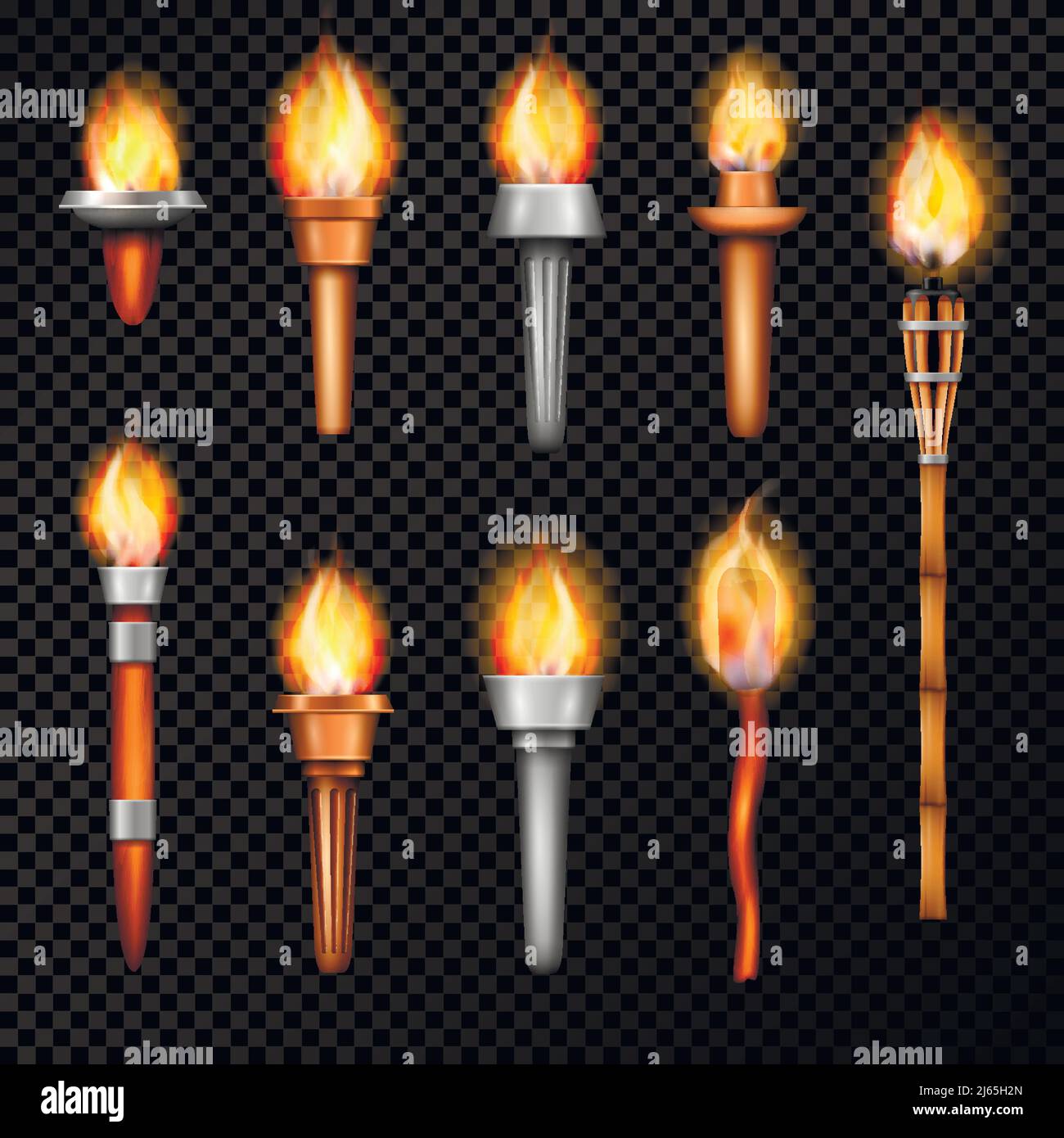 Torch realistic set with isolated hand cresset images of various shape ...