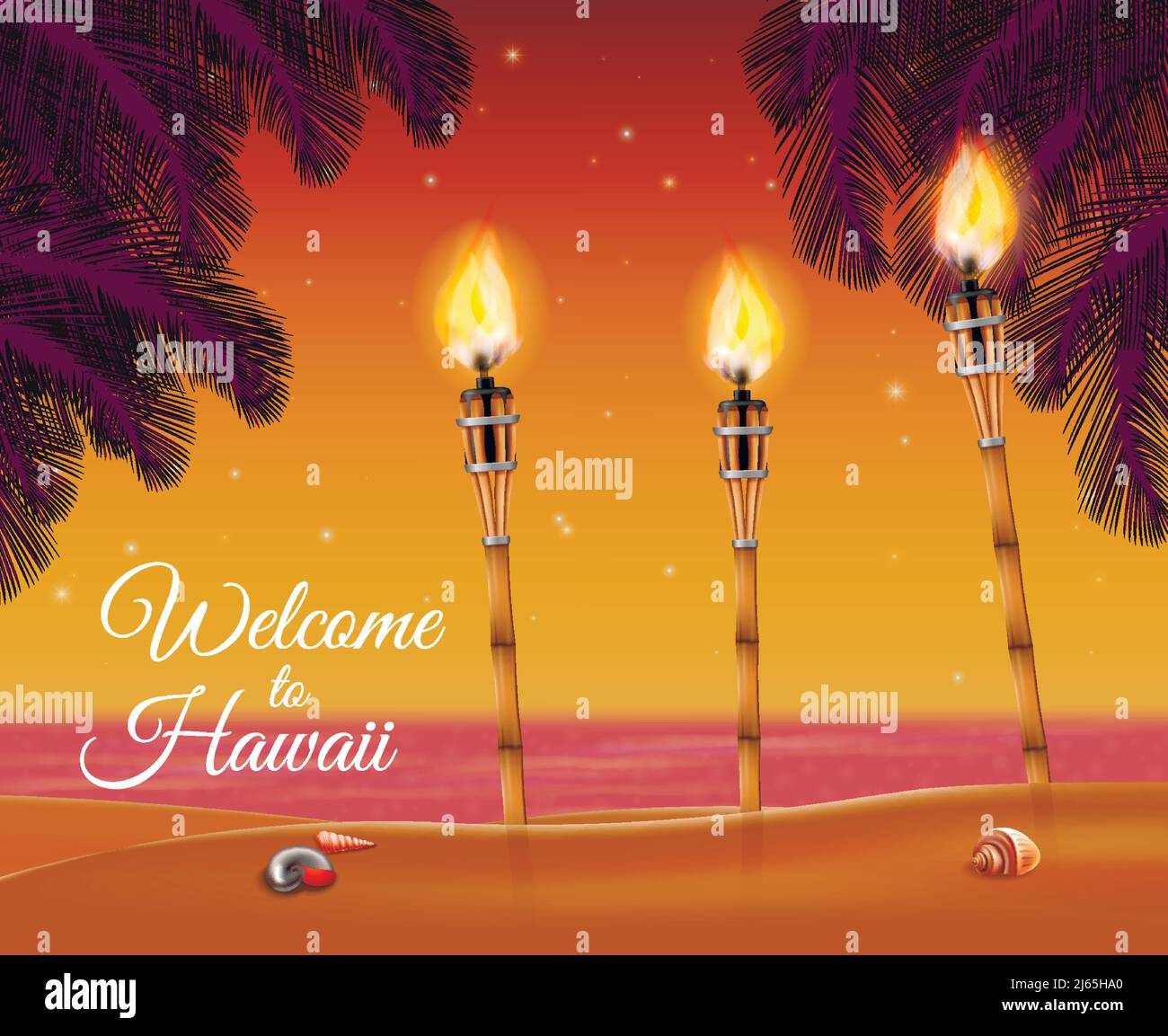 Torch on beach realistic composition with decorative text and ...