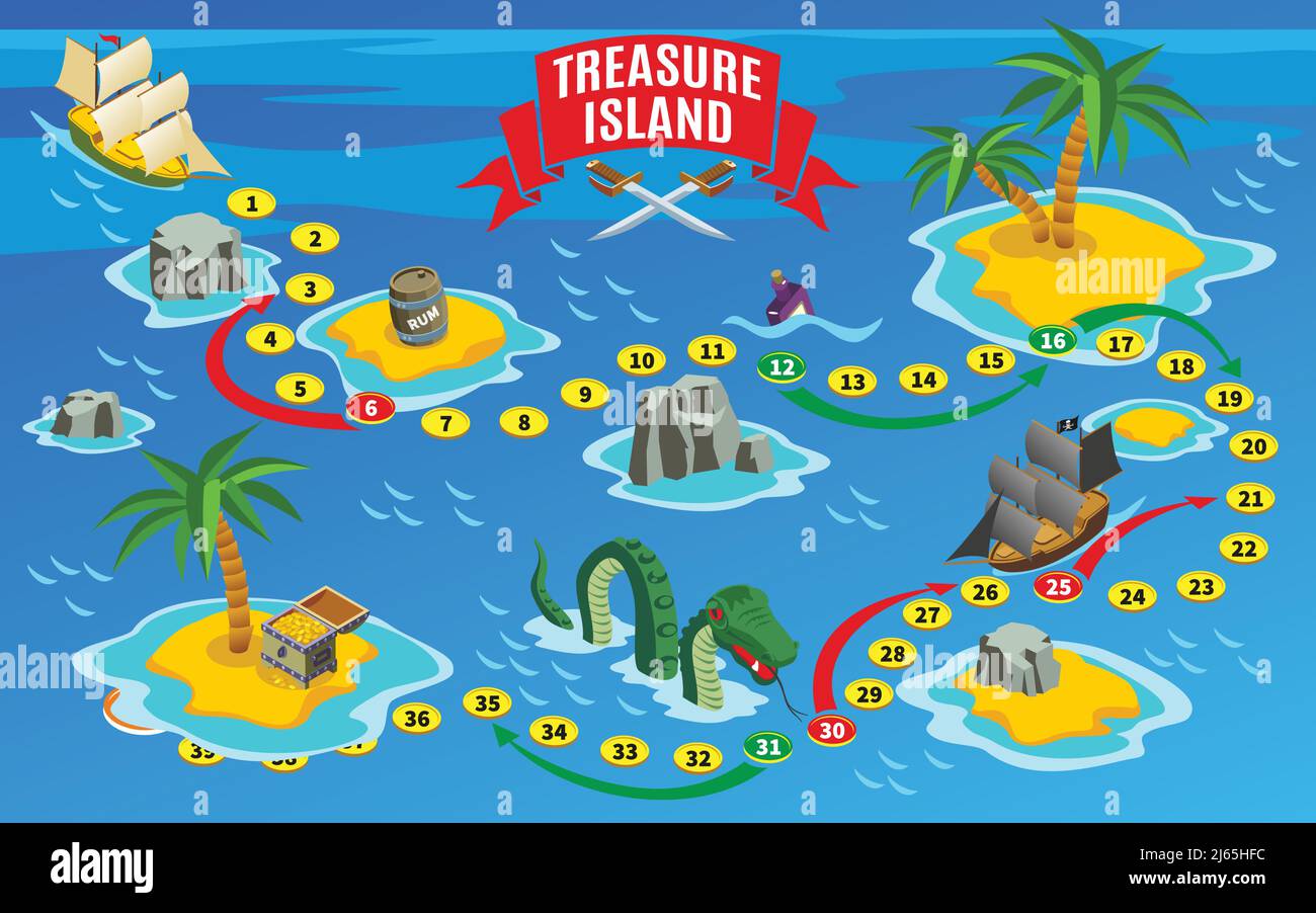 Pirates board game isometric map on blue background with reefs and sail ...