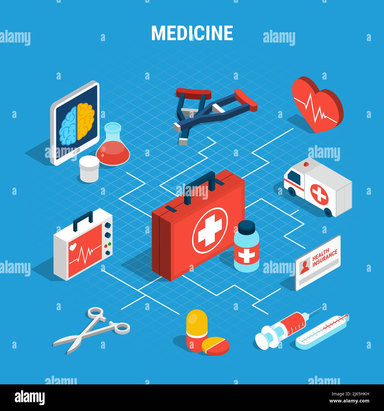 Medicine isometric flowchart with various medical objects on blue ...