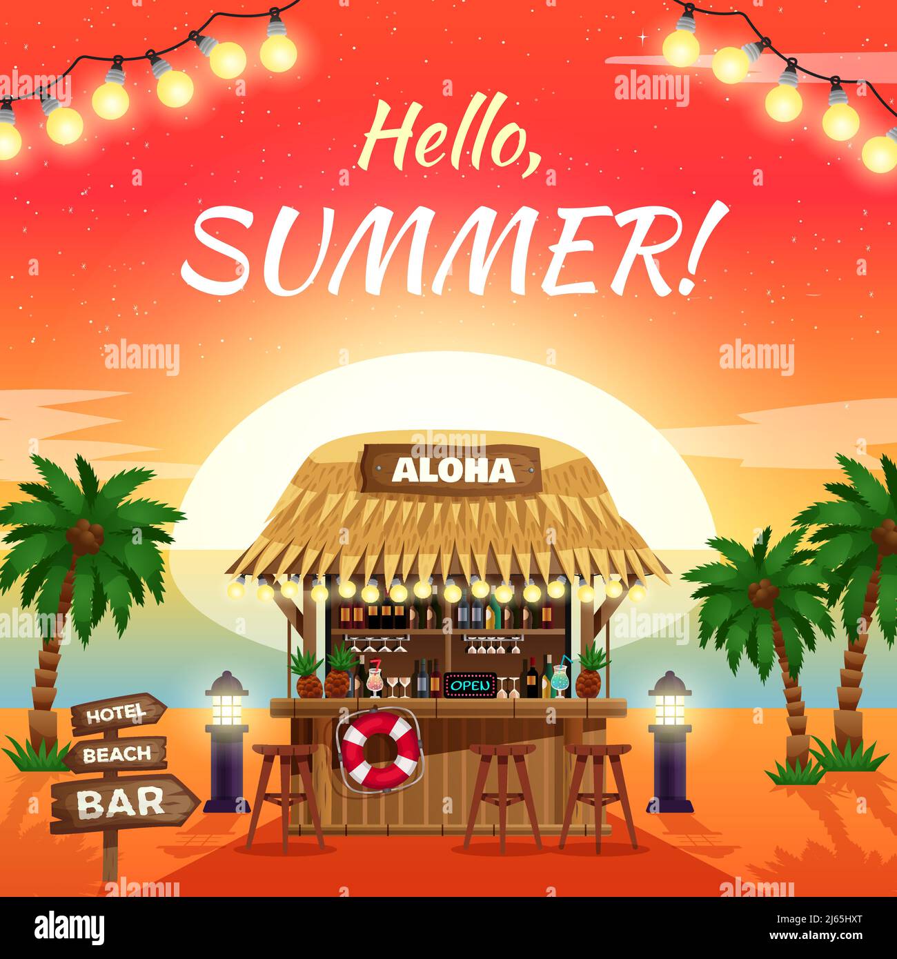Hello summer bright sunny poster with ocean coast tropical bungalow bar ...