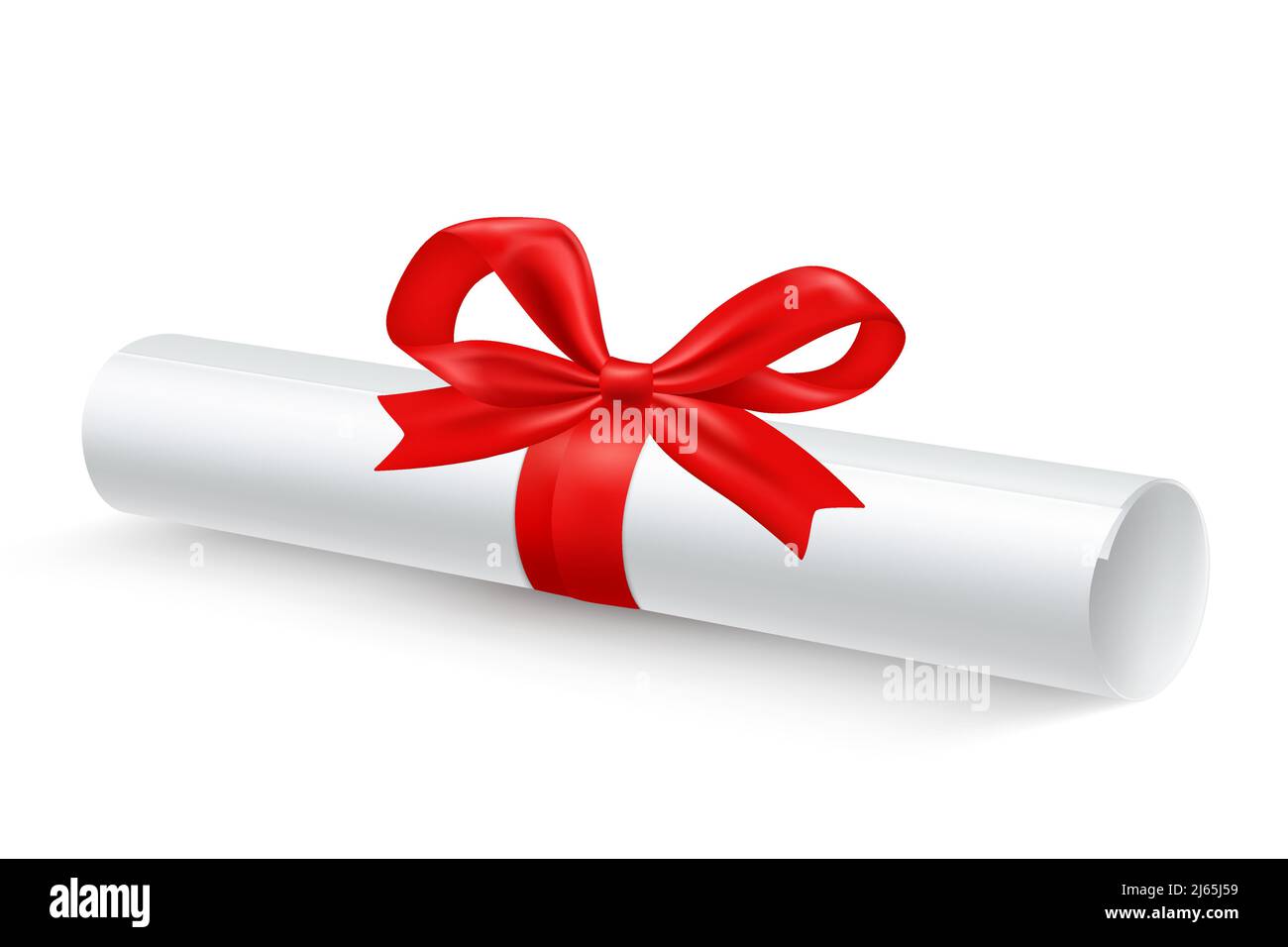 White glossy paper scroll roll tied with red ribbon bow realistic close ...