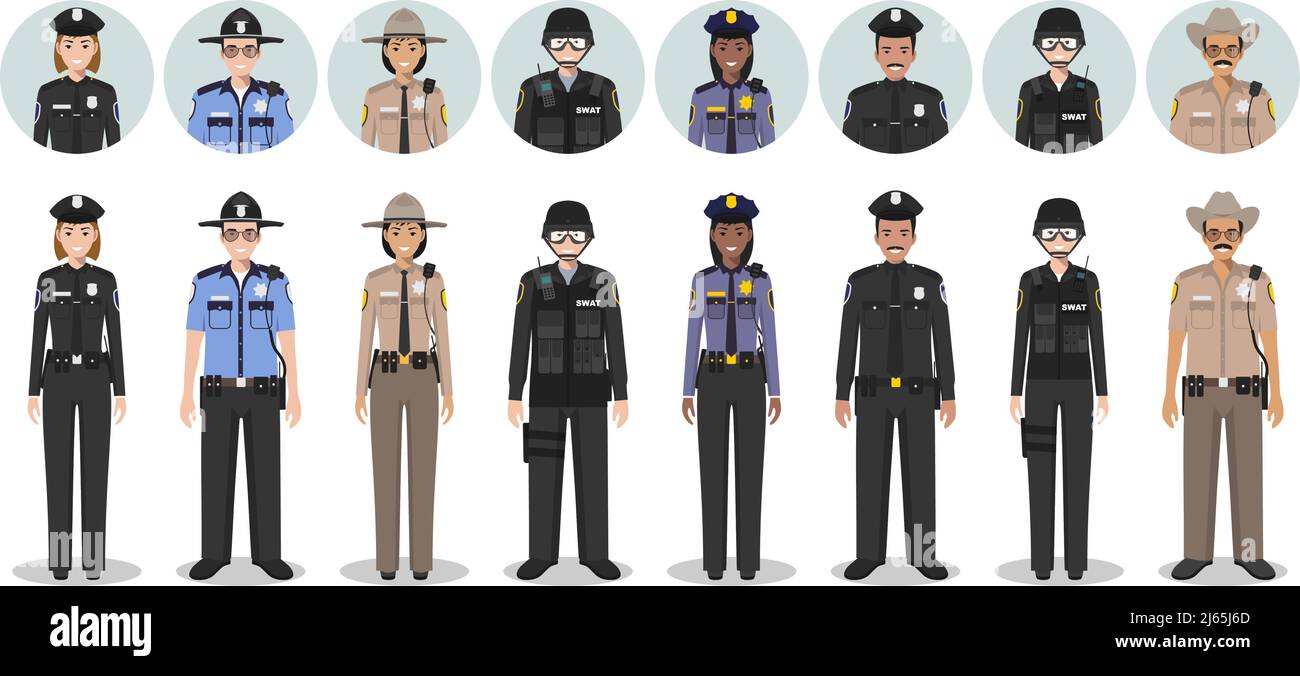 Detailed illustration and avatars icons of sheriff, SWAT officer ...